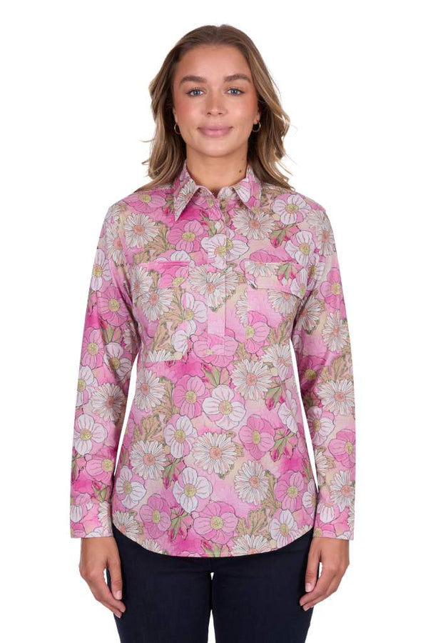 Hard Slog Ladies Etta Floral Half Button Shirt | The Top Saddlery